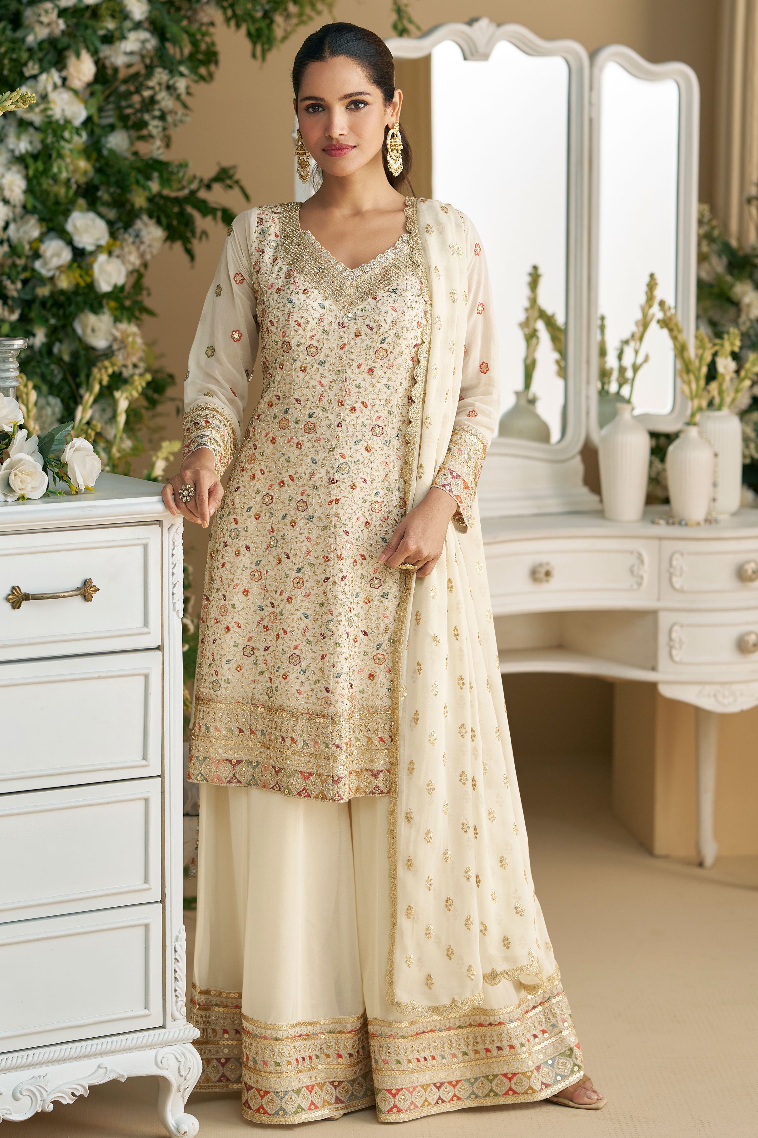 Shop for White Readymade Heavy Work Georgette Suit Online | Saree Buta | SS269