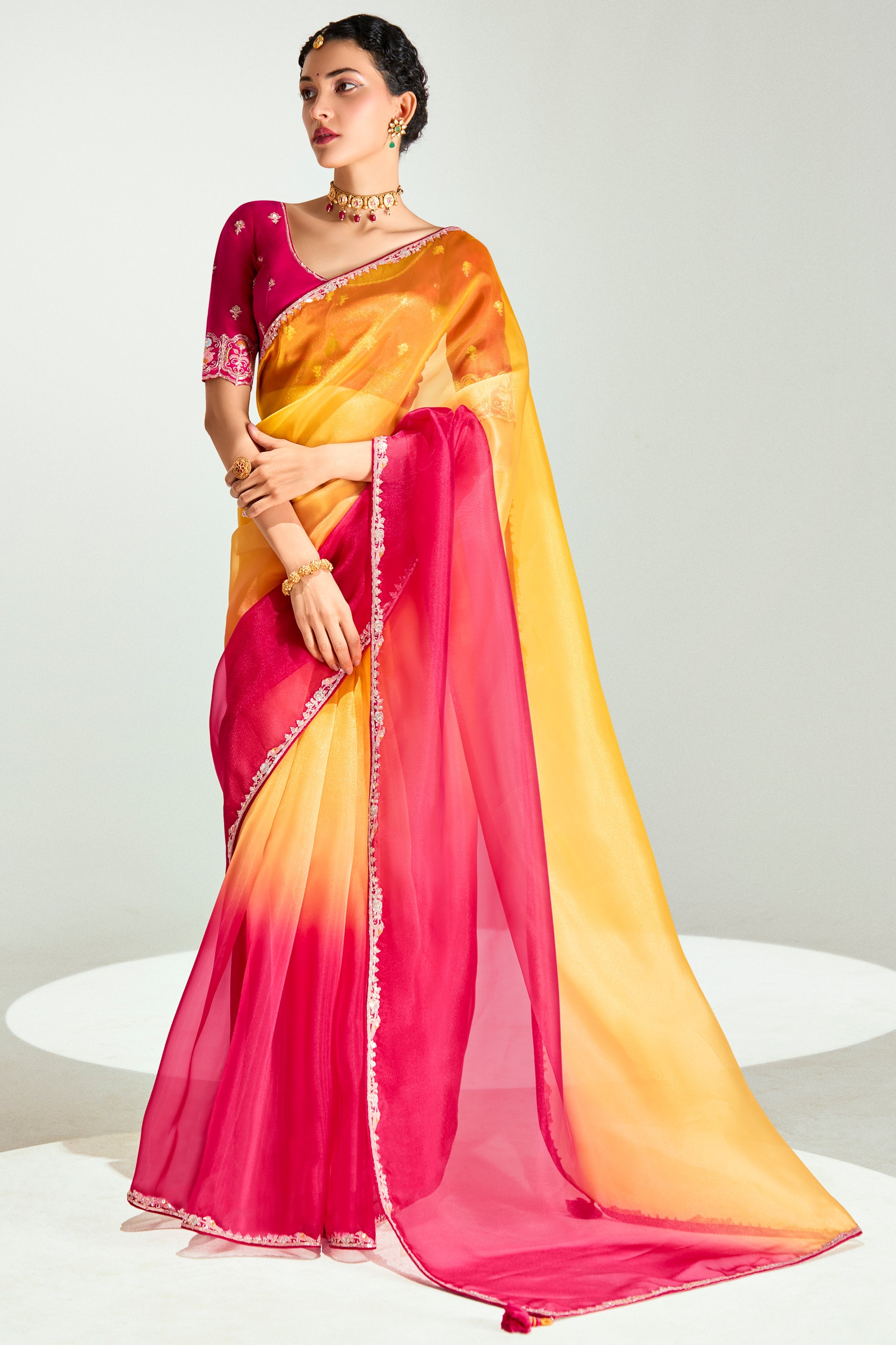 Buy 2-Tone Yellow Organza Tissue Saree Online | Saree Buta | ZB134888