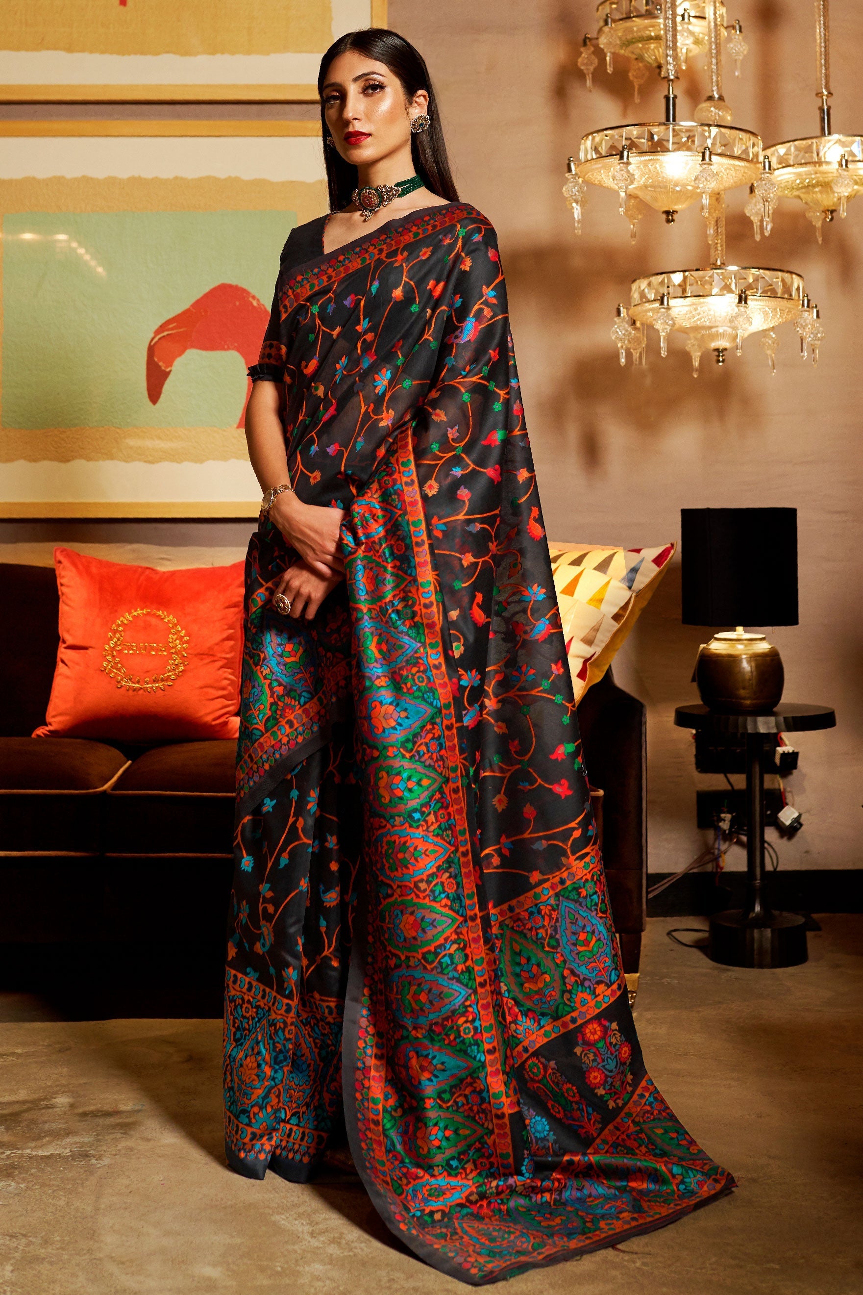 Buy Black Kashmiri Jamewar Saree Online | Saree Buta | zb140022