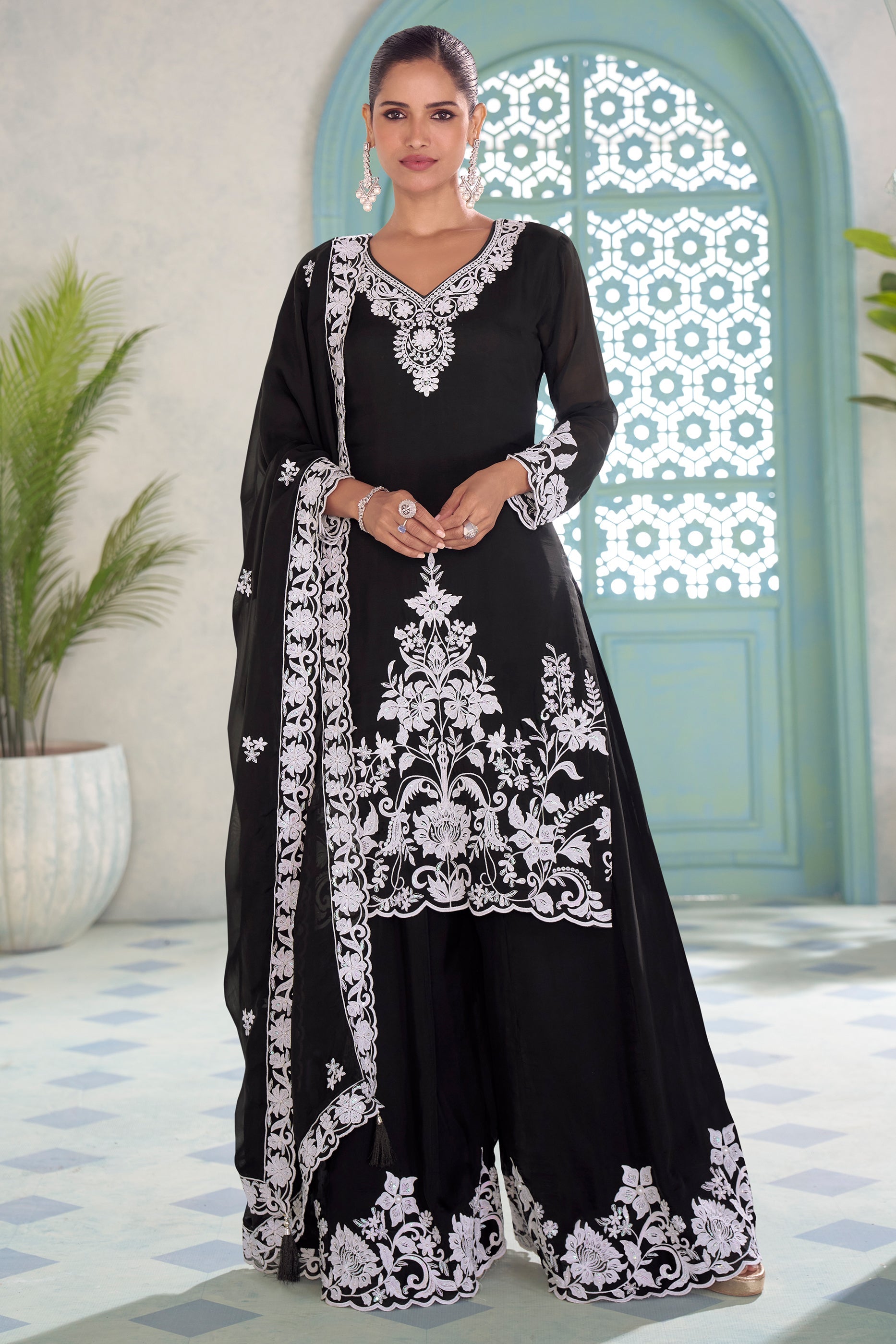 Shop for Black Readymade Embroidered Chinon Palazzo Suit Online | Saree ...