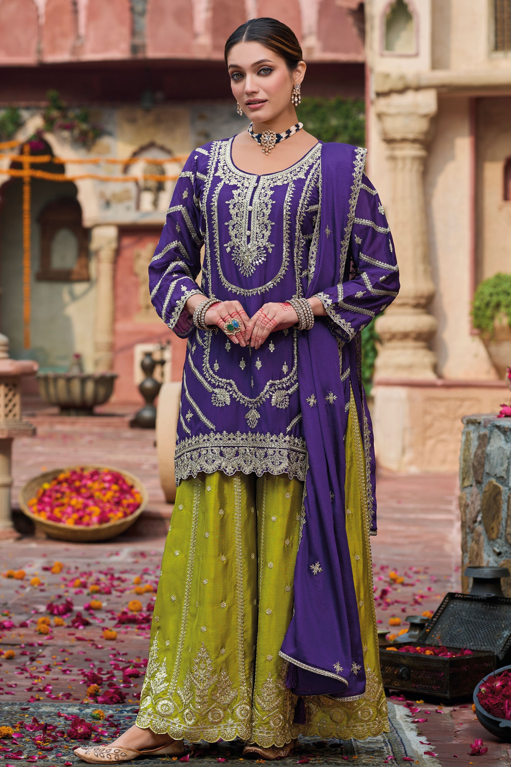 Shop for Blue Heavy Work Chinon Readymade Suit Online | Saree Buta | SS161