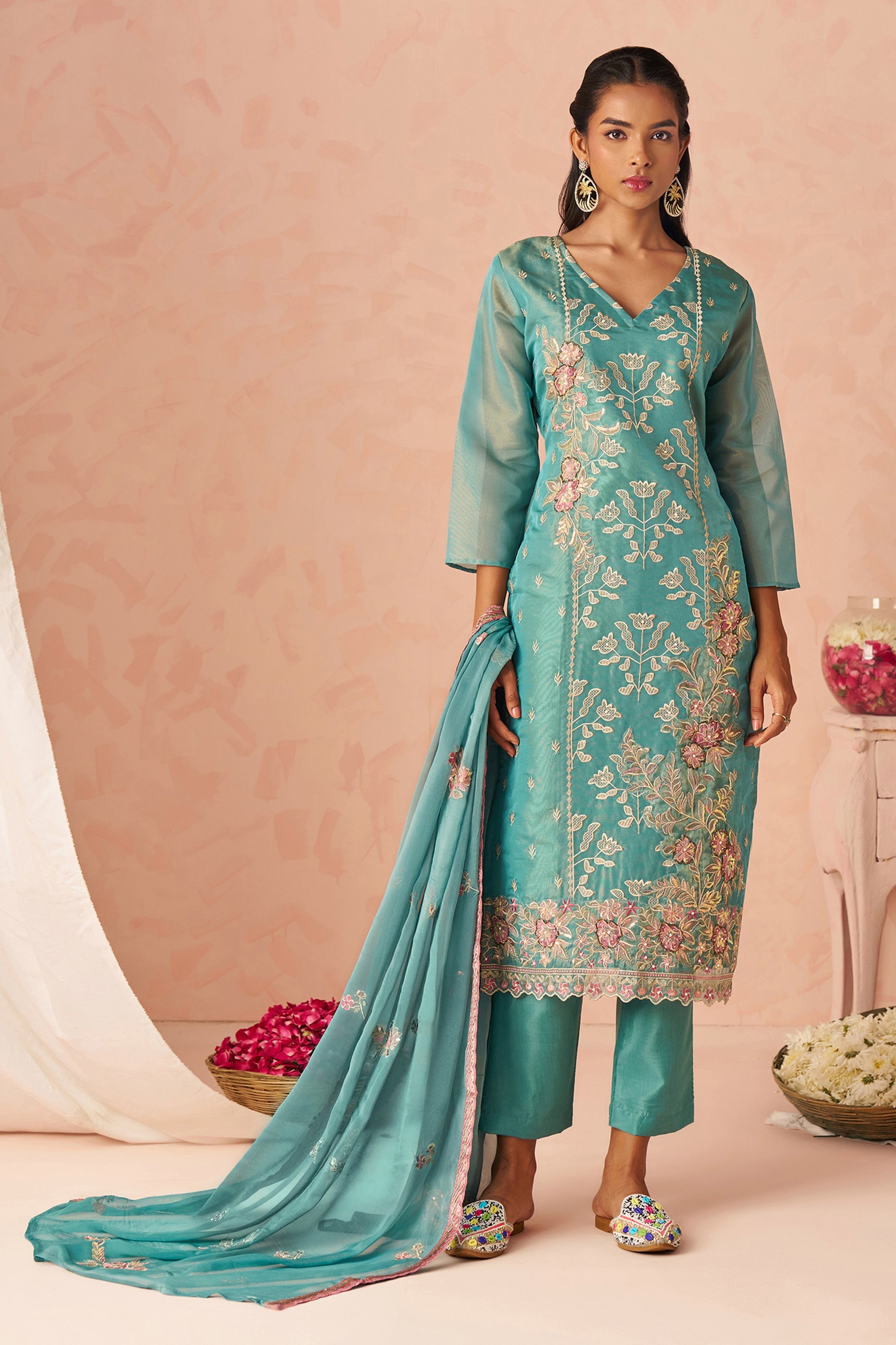 Shop for Blue Green Readymade Embroidered Silk Suit Online | Saree Buta ...