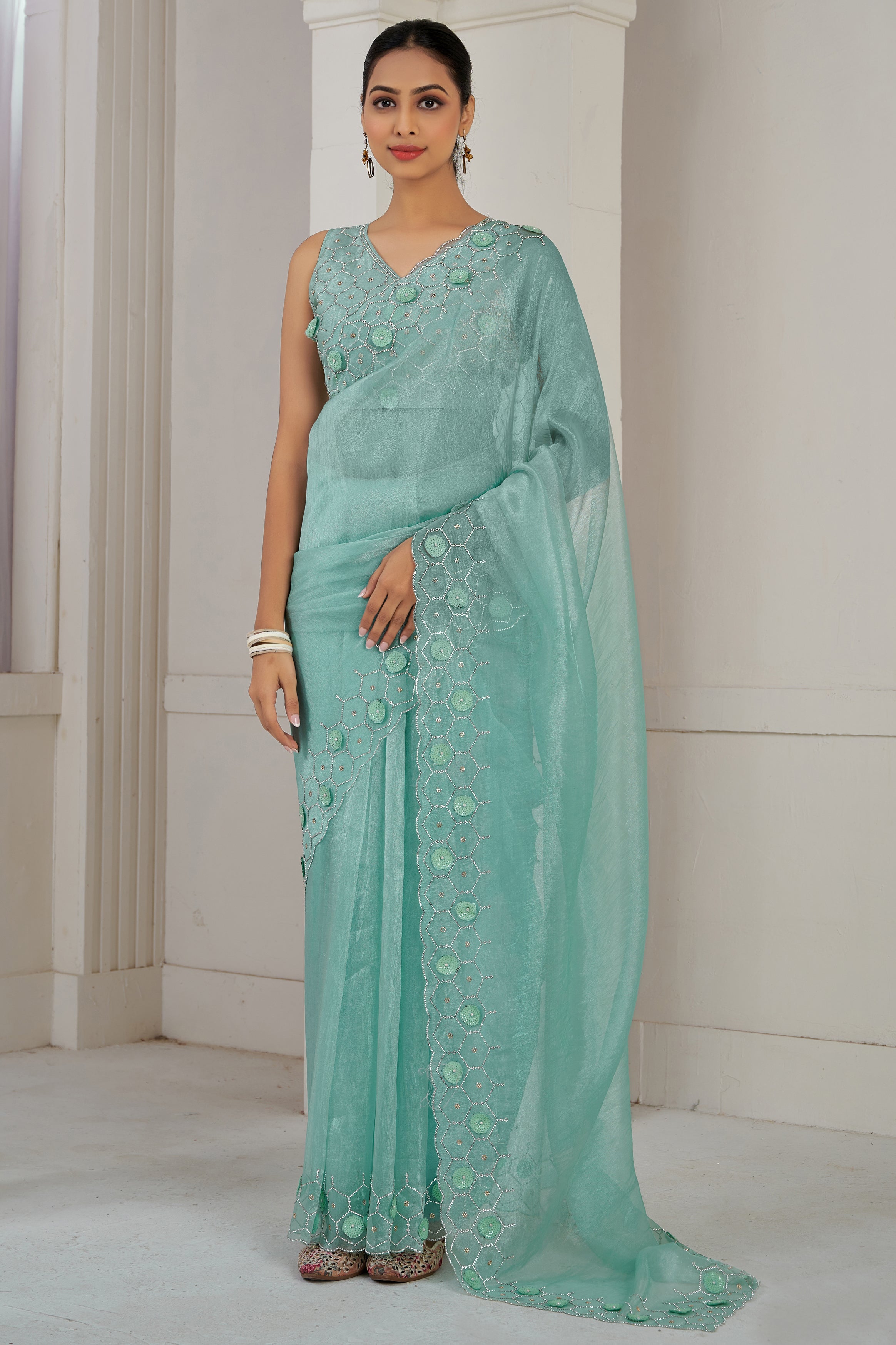 Buy Blue Stone Work Organza Saree zb133473 | Saree Buta