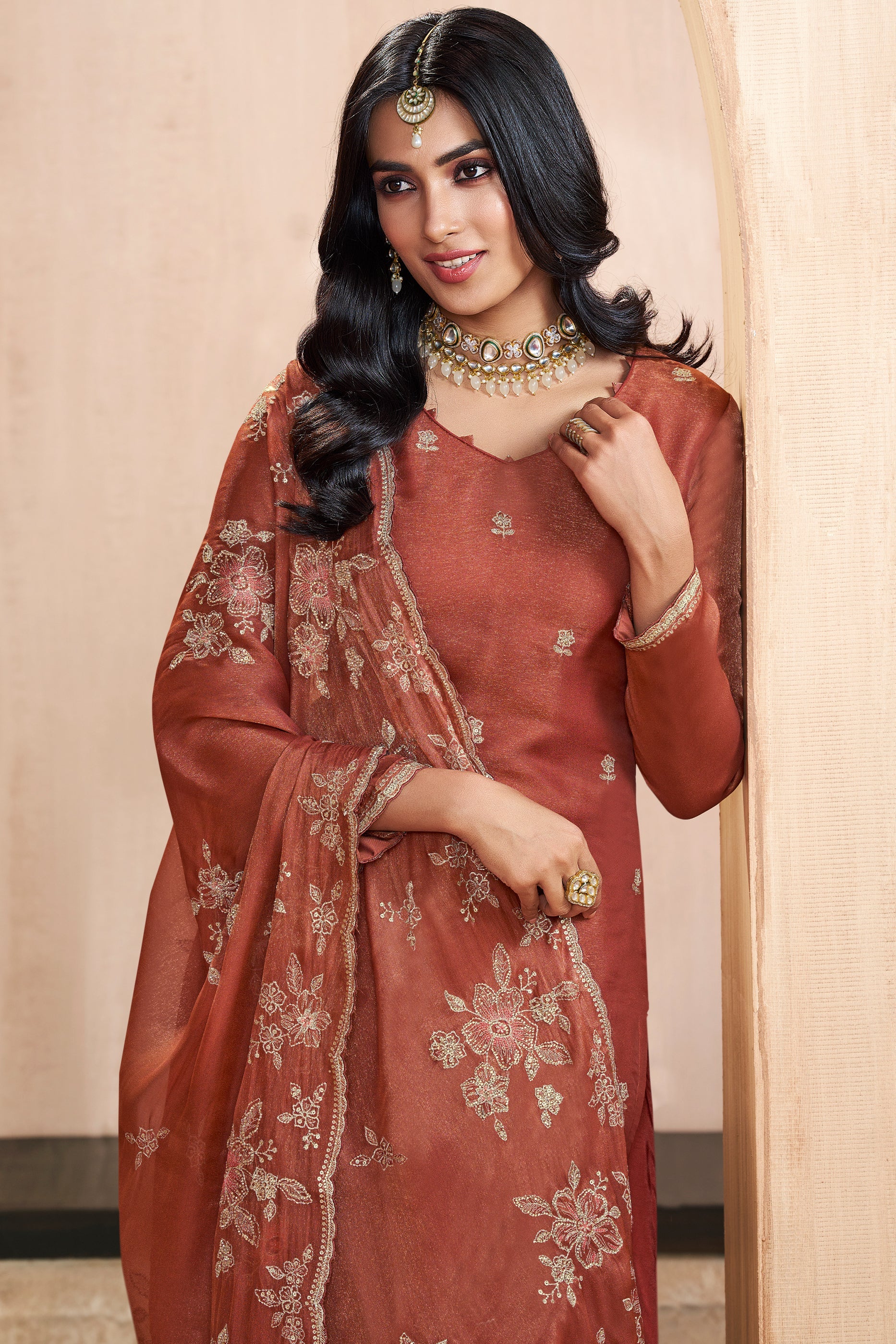Shop for Brown Embroidered Silk Suit Online | Saree Buta | SAR11748