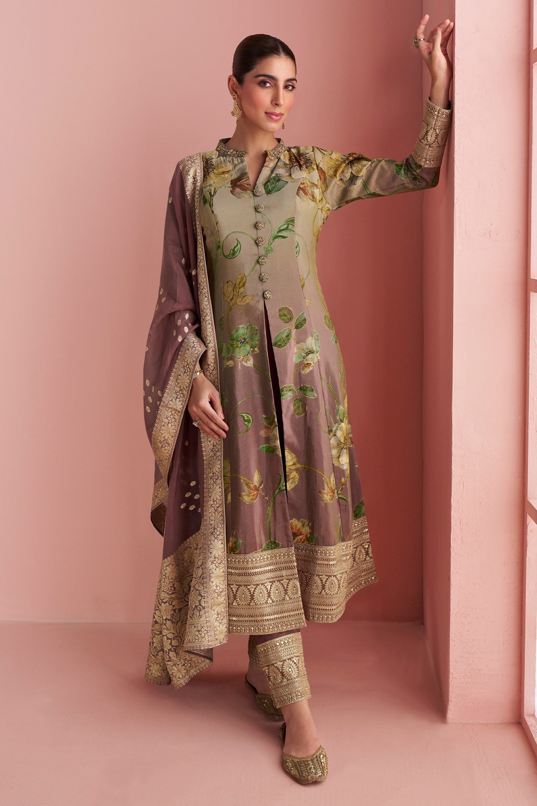 Shop for Brown Readymade Embroidered Silk Suit Online | Saree Buta ...