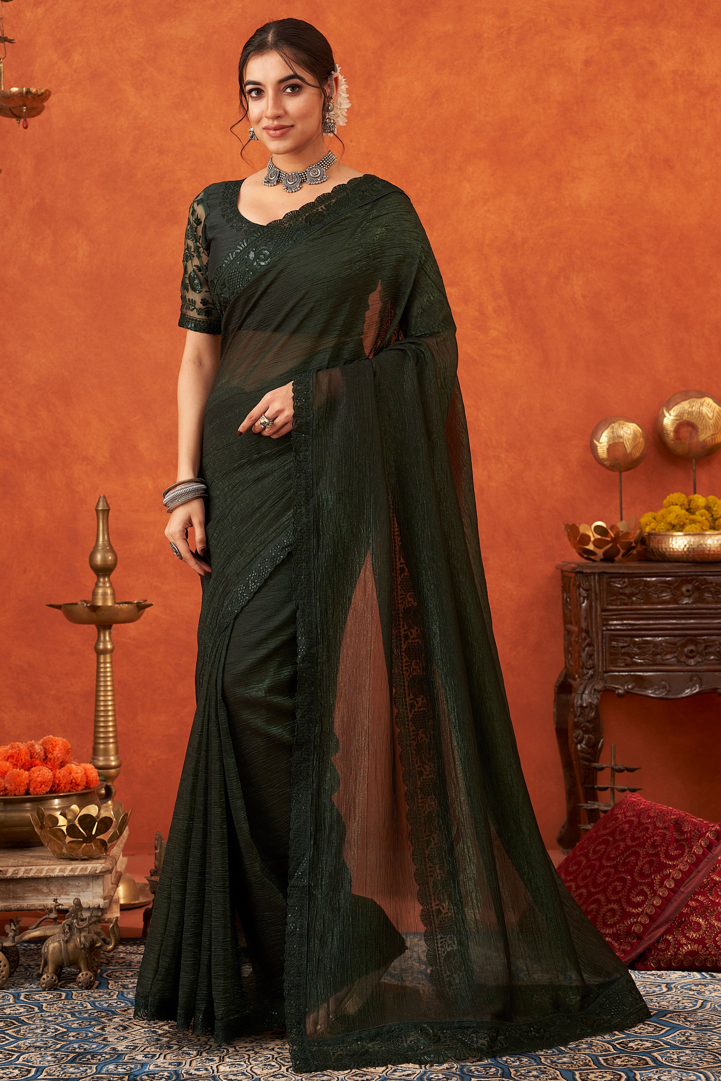 Buy Green Chiffon Saree Online | Saree Buta | ZB133008