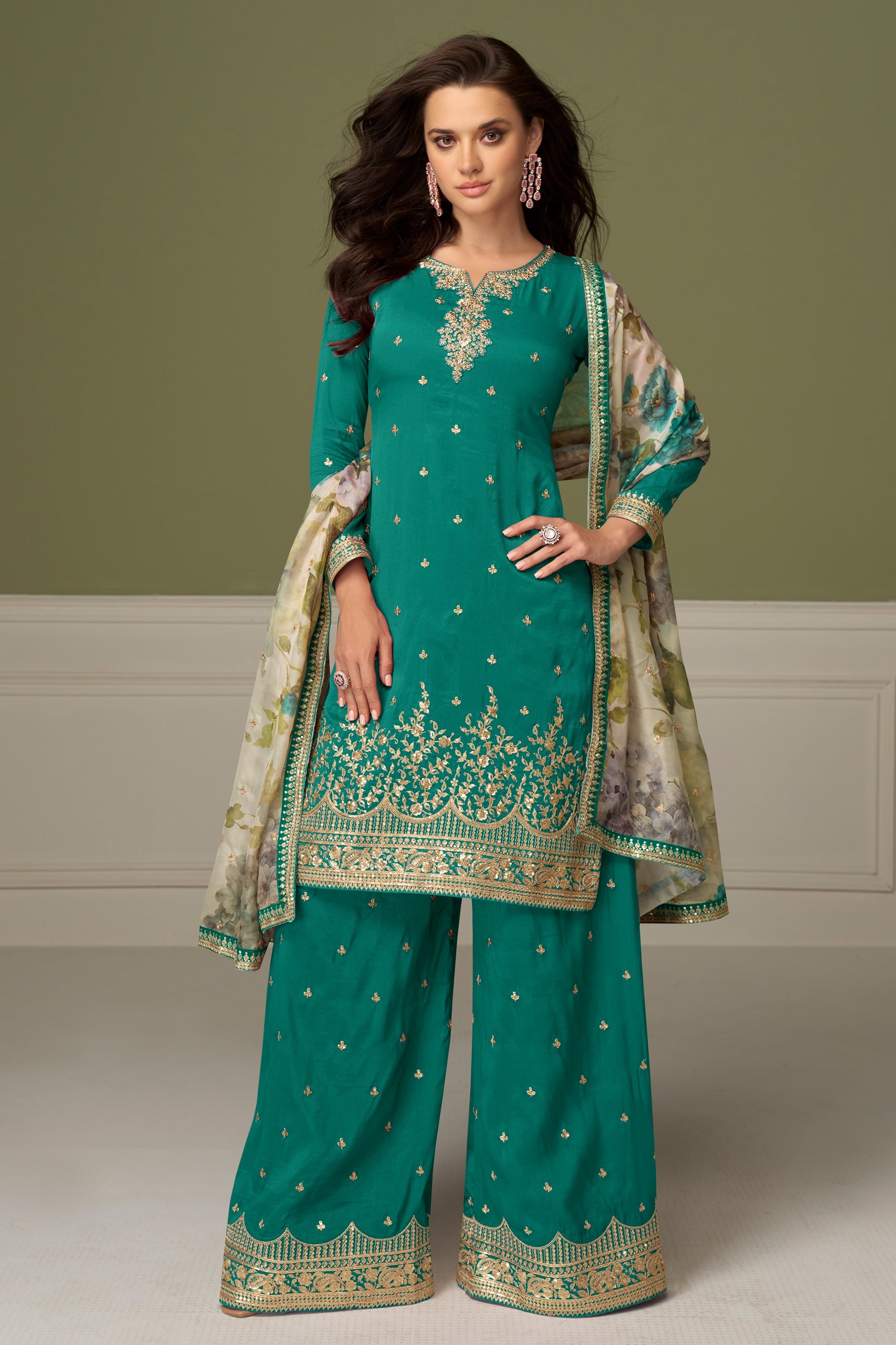 Shop for Green Readymade Embroidered Silk Suit Online | Saree Buta ...