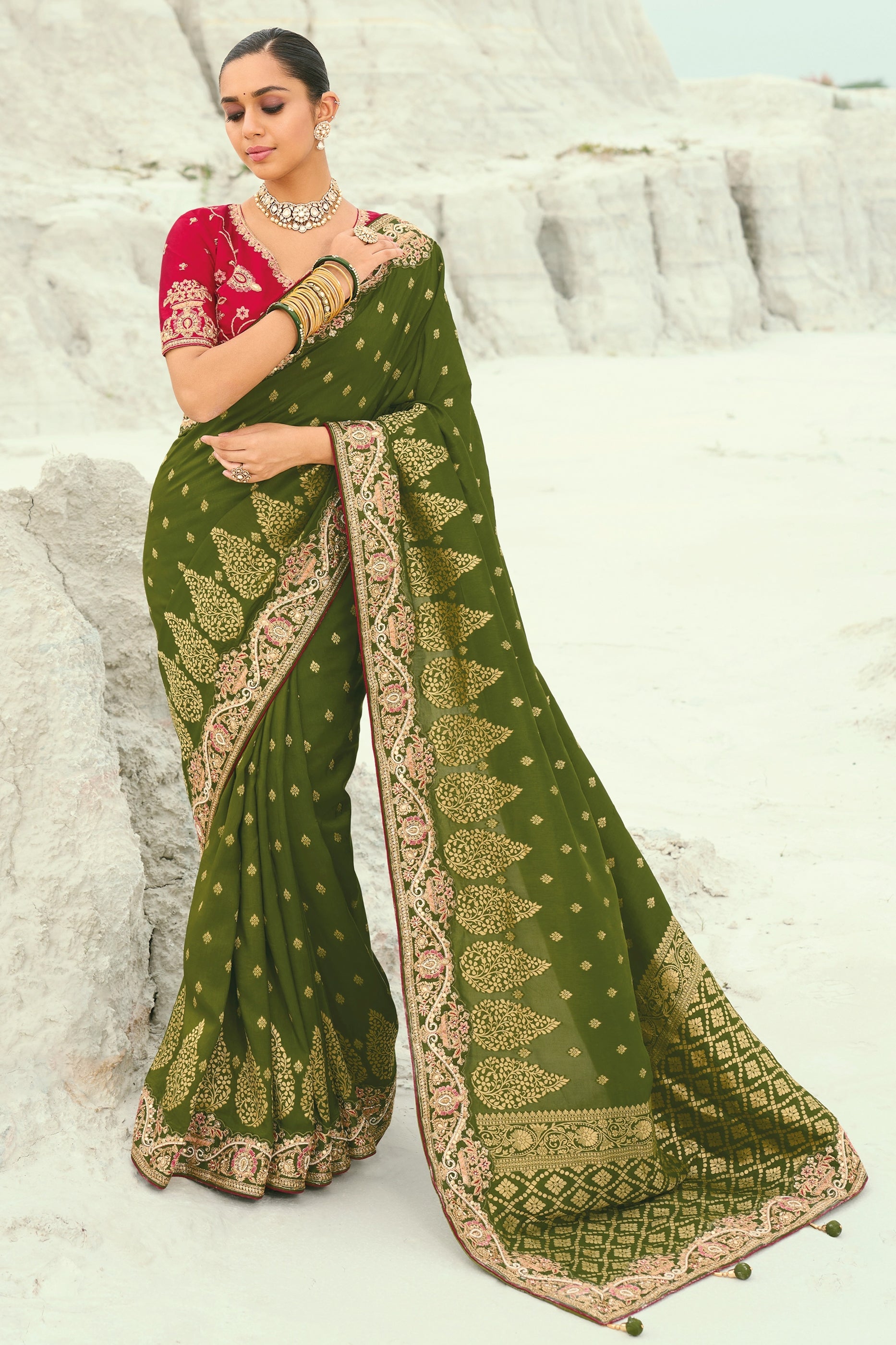 Shop for Mehendi Green Embroidered Dola Viscose Saree Online | Saree ...