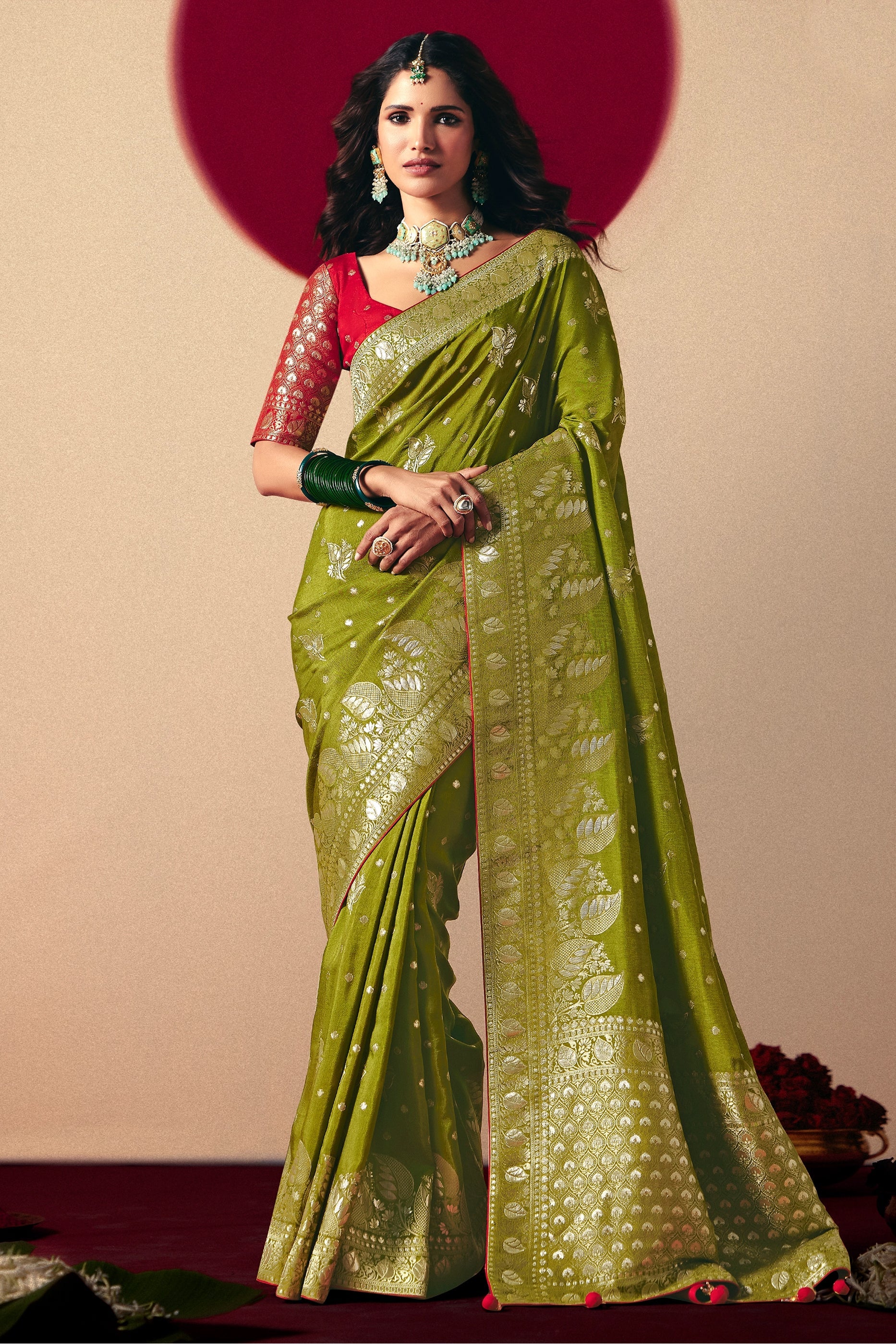 Shop for Mehendi Green Woven Viscose Silk Saree With Brocade Blouse ...