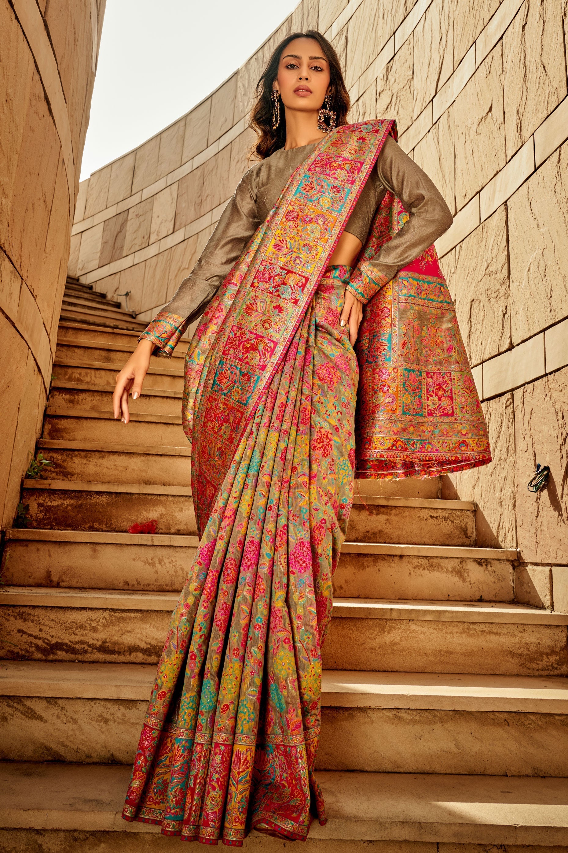 Buy Multicolor Jamewar Kashmiri Silk Saree zb130895 | Saree Buta