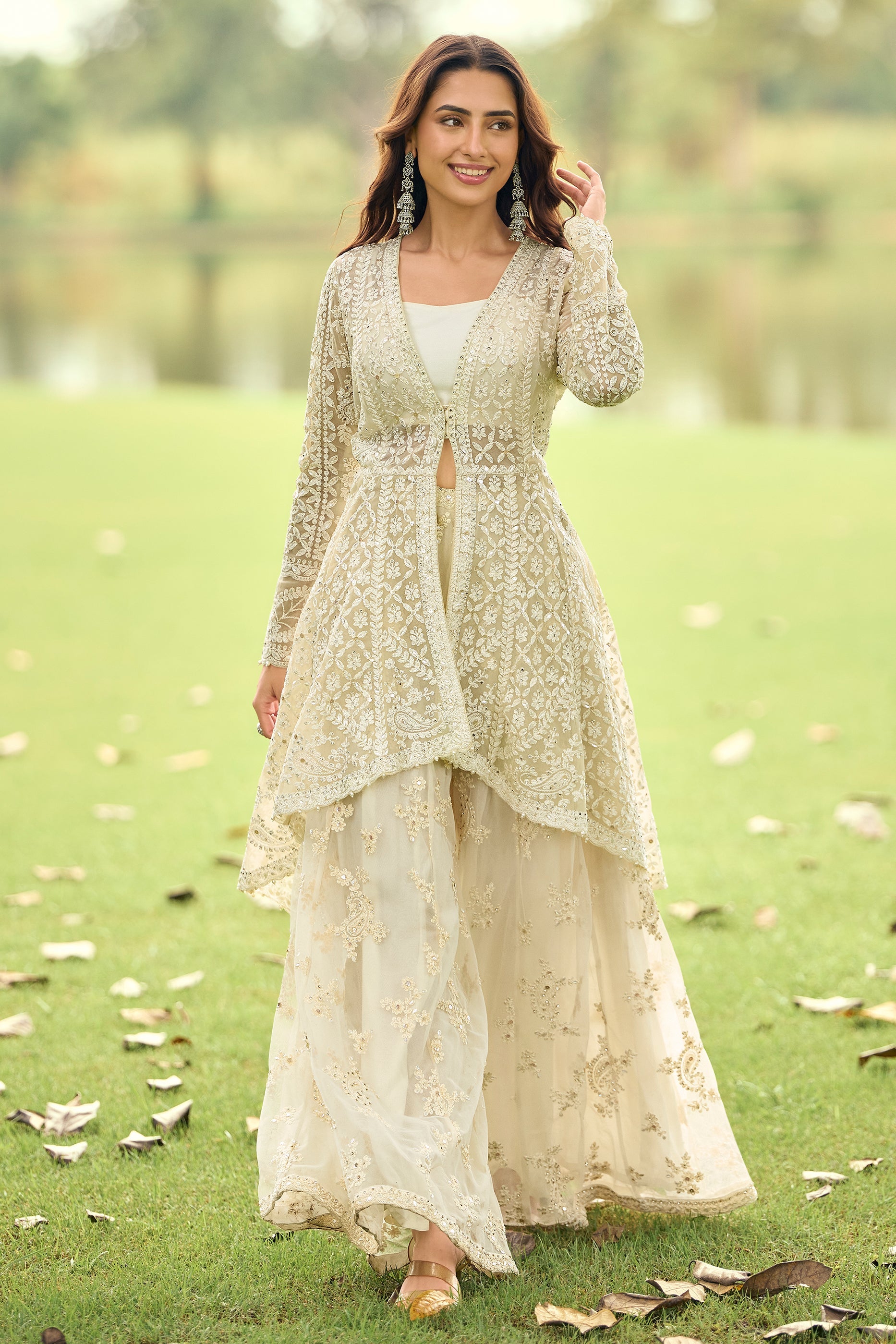 Shop for Off White Readymade Embroidered Net Suit Online | Saree Buta ...