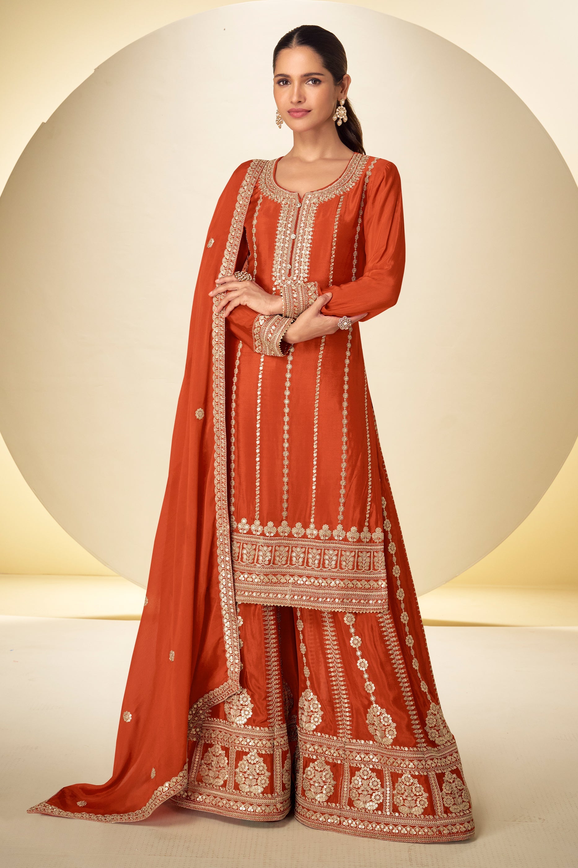 Shop for Orange Readymade Embroidered Chinon Suit Online | Saree Buta ...