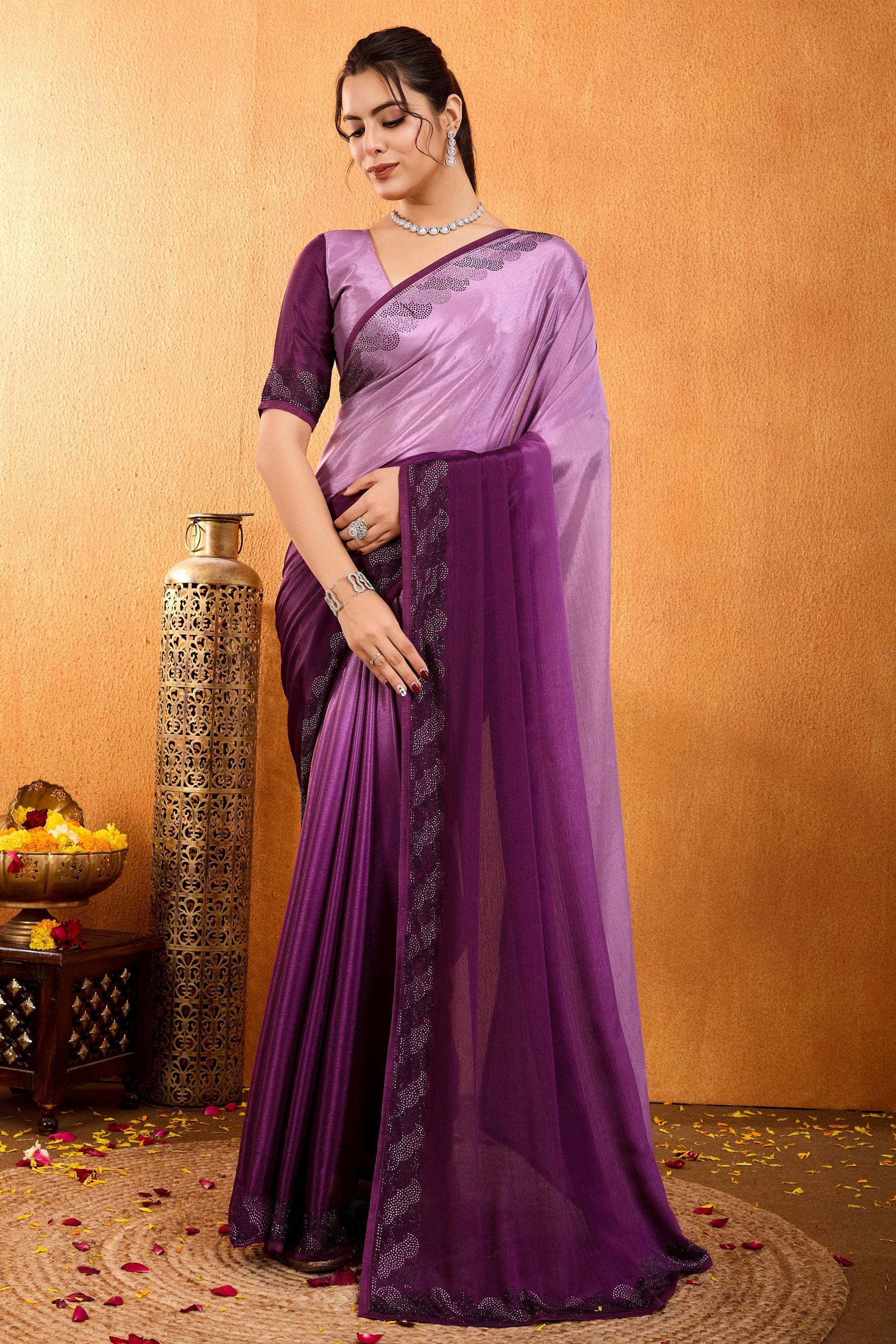 Buy Purple Stone Work Chinon Saree Online | Saree Buta | ZB134257