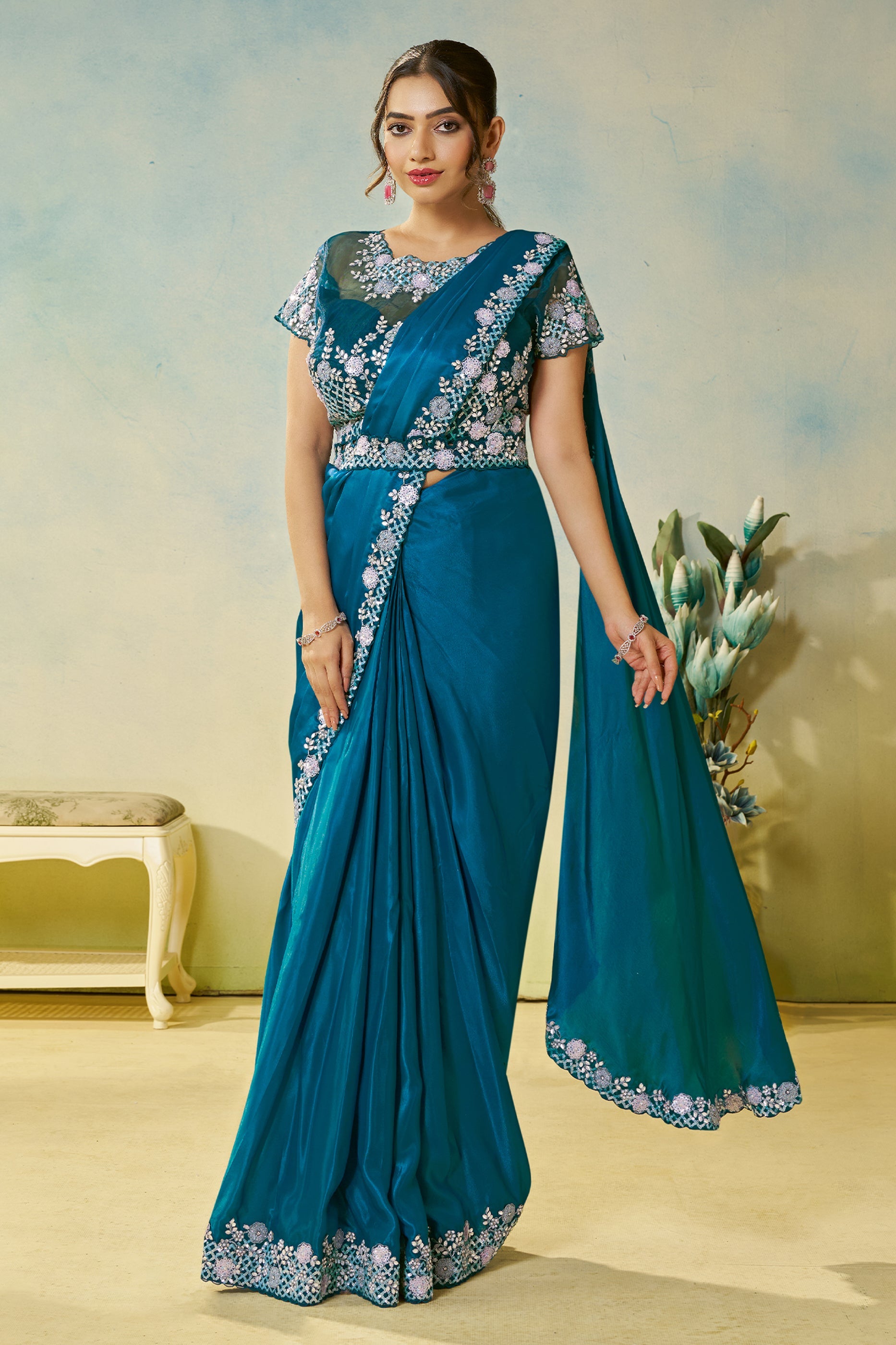 Shop for Rama Blue Satin Silk Readymade Saree Online | Saree Buta ...