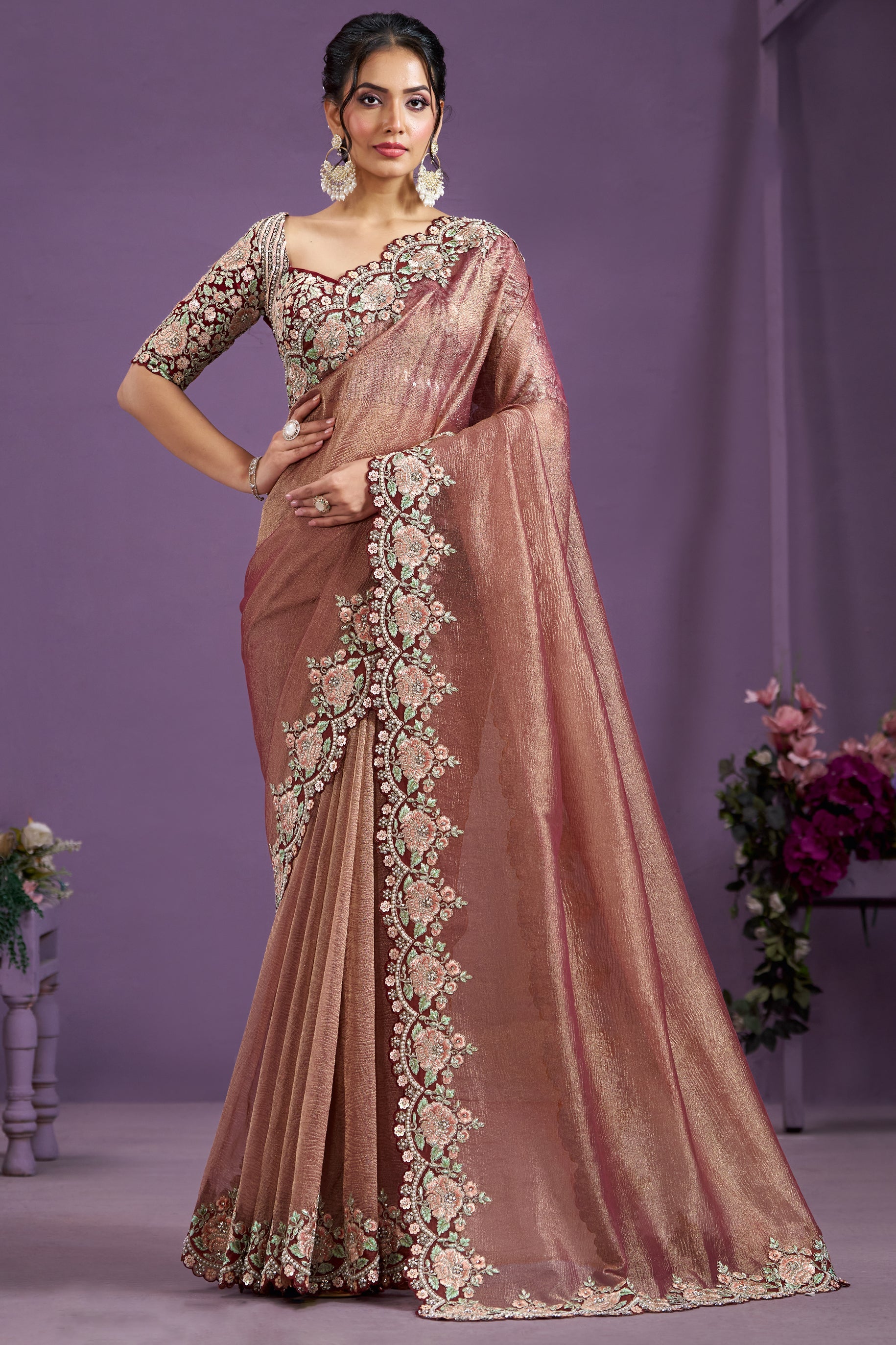 Buy Rose Gold Embroidered Silk Saree Online | Saree Buta | ZB133349