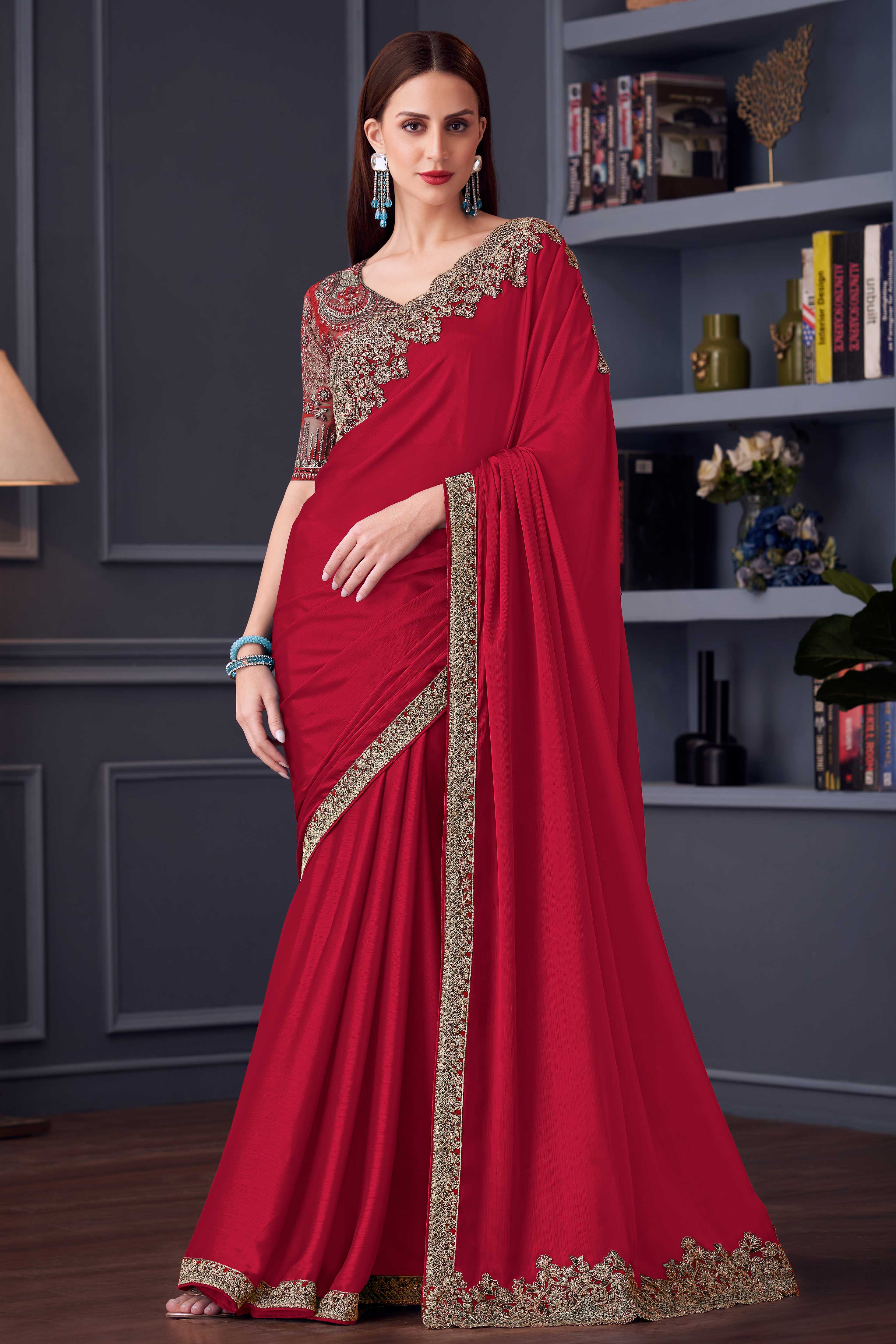 Buy Ruby Red Embroidered Chiffon Saree Online | Saree Buta | ZB133656