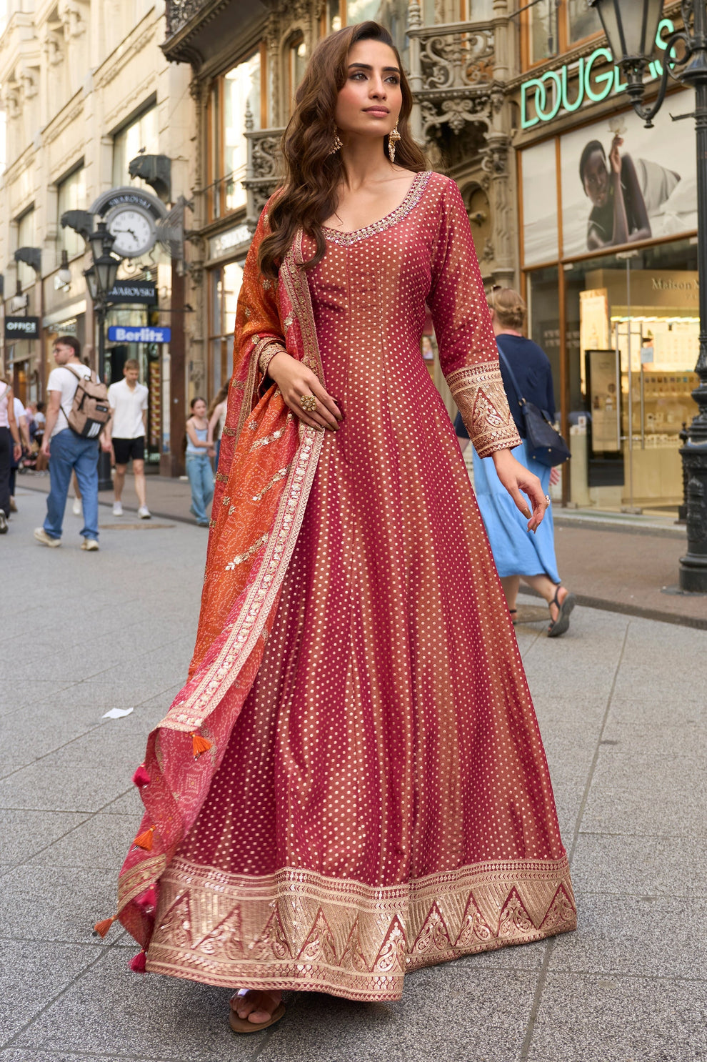 Shop for Rust Red Readymade Viscose Silk Gown With Dupatta Online ...
