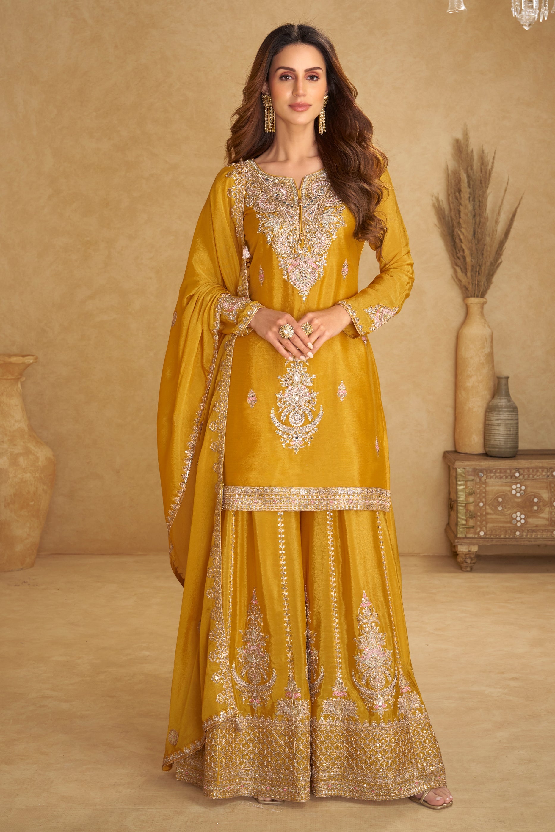 Shop for Yellow Readymade Embroidered Chinon Palazzo Suit Online ...