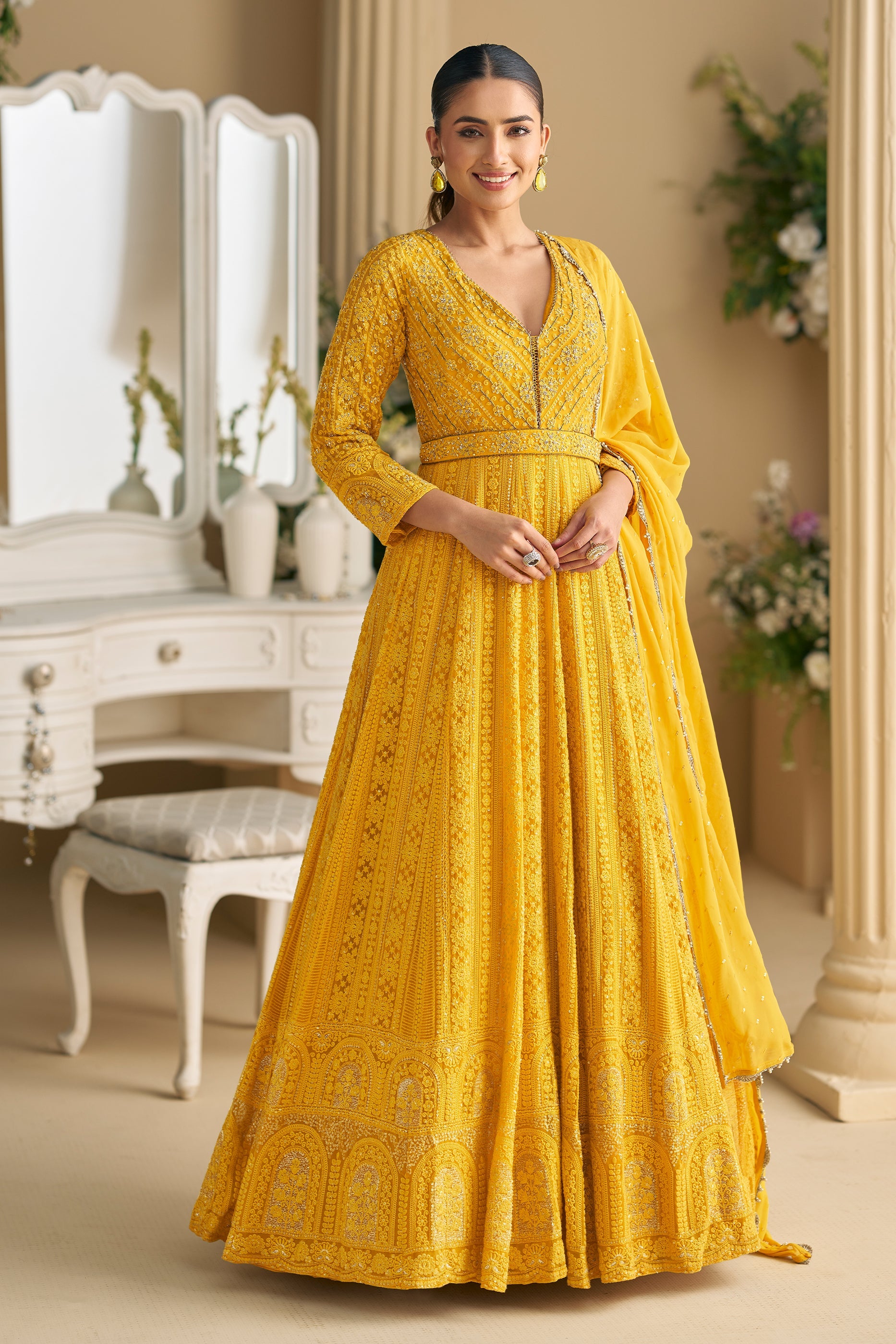 Shop for Yellow Readymade Georgette Gown With Dupatta Online | Saree ...