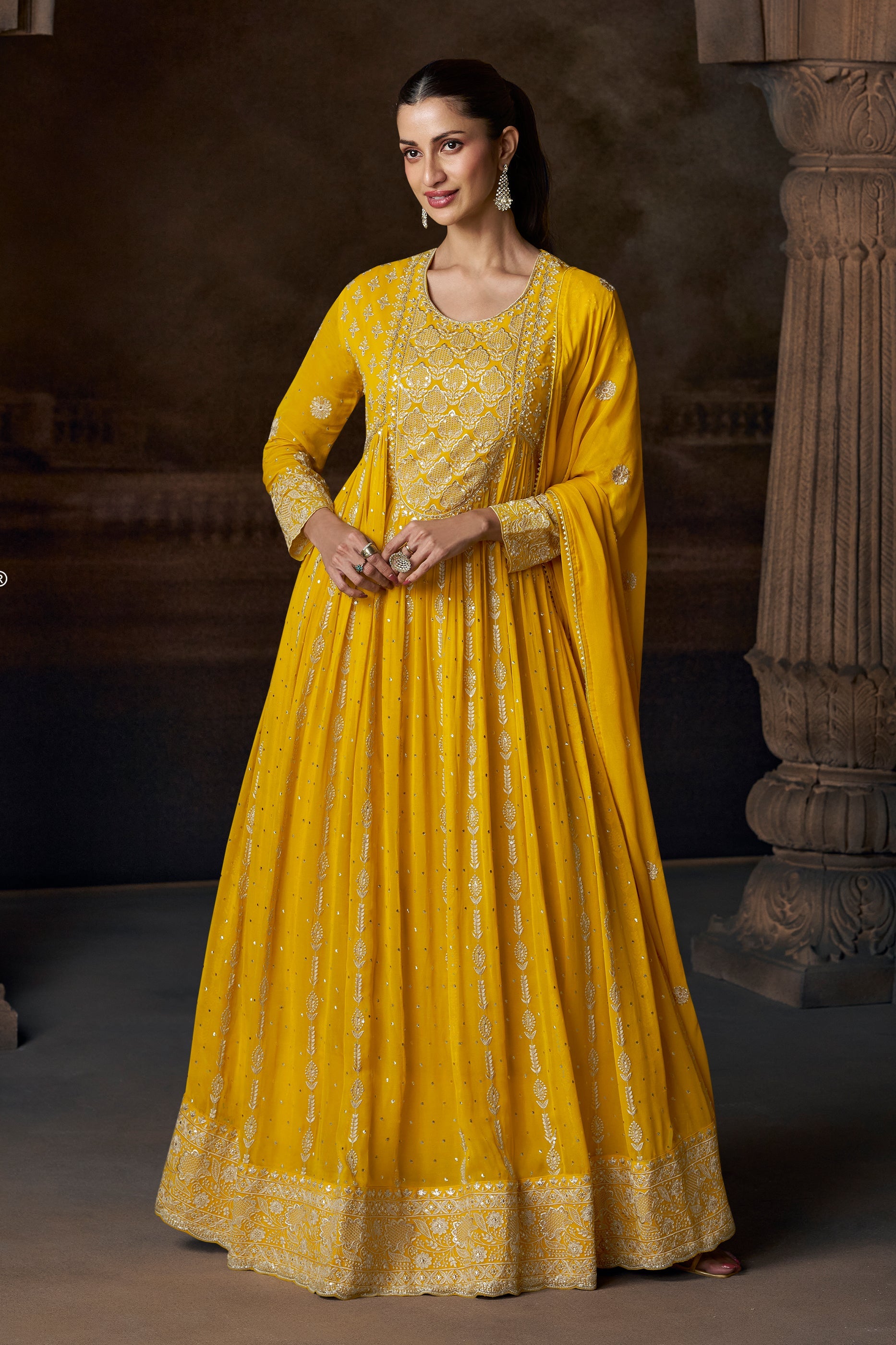 Shop for Yellow Readymade Georgette Gown With Dupatta Online | Saree ...